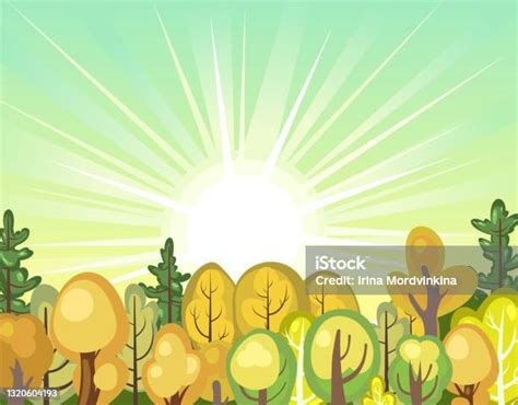 평평한 가을 숲 나무가있는 풍경 심플한 상징적 스타일로 일러스트레이션 해돋이 재미있는 장면 만화 디자인 국가 야생 식물 벡터 0명에 대한 스톡 벡터 아트 및 기타 이미지