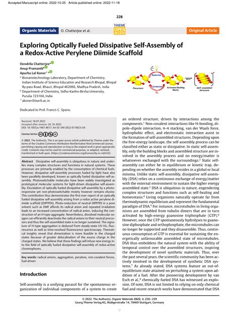 Pdf Exploring Optically Fueled Dissipative Self Assembly Of A Redox Active Perylene Diimide