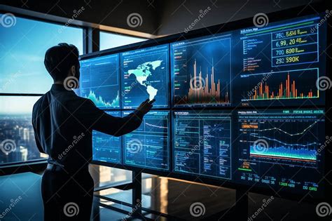 A Business Analyst Analyzes Multiple Data Visualizations On Large Screens In A Modern Office