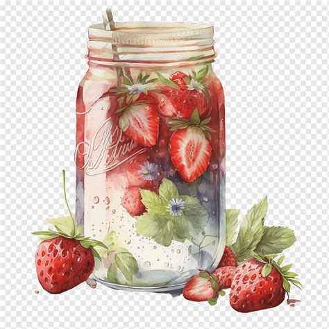 딸기 유리 항아리에 수채화 딸기 Png Pngwing