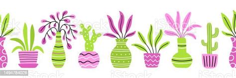 밝고 다채로운 화분에 심은 식물의 매끄러운 테두리 홈 꽃 재배 컬렉션입니다 녹색과 분홍색 트렌디한 배경 Eps 10 벡터 관엽 식물 손으로 그린 디자인 플랫 스타일