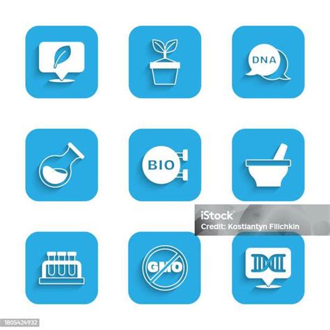 바이오 건강 식품 Gmo 없음 Dna 기호 박격포 및 유봉 시험관 플라스크 및 잎 아이콘이 있는 위치를 설정합니다 벡터 Dna에 대한 스톡 벡터 아트 및 기타 이미지