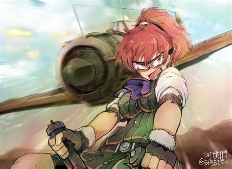 Safebooru 1girl Aircraft Airplane Black Gloves Blue Sky Breasts Brown
