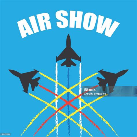 한 전투기의 기동 공기 쇼 배너에 대 한 푸른 하늘에 비행기 벡터 일러스트 레이 션 전투기에 대한 스톡 벡터 아트 및 기타