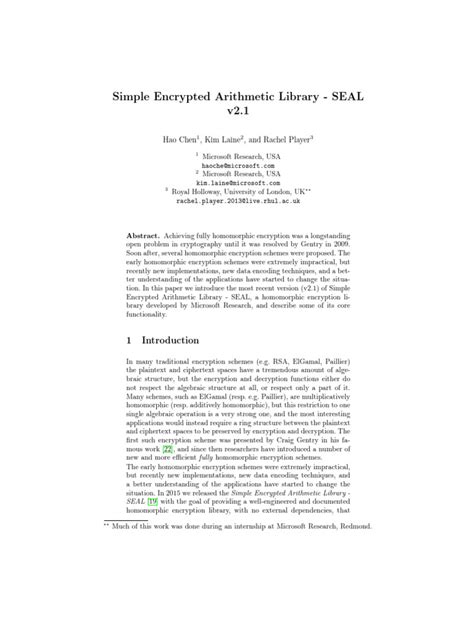 Simple Encrypted Arithmetic Library Seal V21 Pdf Abstract