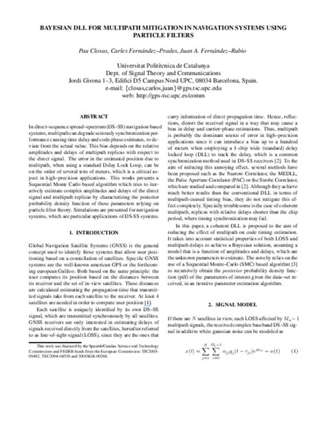 Pdf Bayesian Dll For Multipath Mitigation In Navigation Systems Using Particle Filters