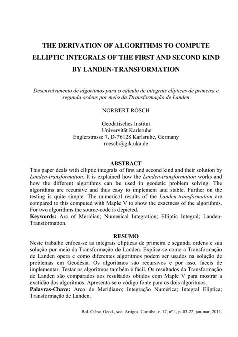 Pdf The Derivation Of Algorithms To Compute Elliptic Integrals Of The First And Second Kind By