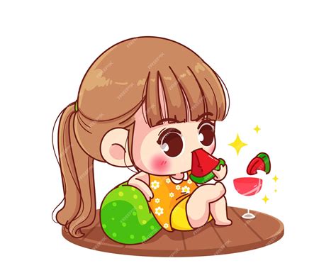 Linda Garota Comendo Melancia Ilustração Dos Desenhos Animados Vetor