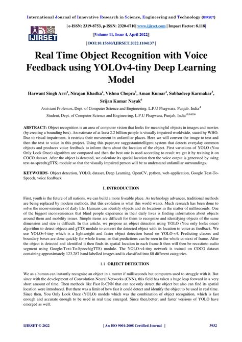 Pdf Real Time Object Recognition With Voice Feedback Using Yolov4