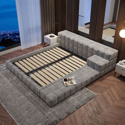 北欧布艺床现代简约轻奢双人大床意式极简榻榻米主卧日式落地矮床 虎窝淘