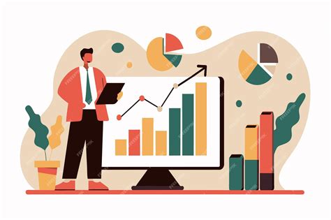 Premium Vector A Man Analyzing A Bar Graph And Pie Charts On A Large