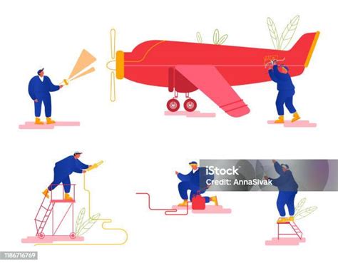 항공기 세트의 수리 및 유지 보수 정비사 엔지니어수리 및 비행기 펌핑 섀시 연료 가스 탱크 동체 및 프로펠러 엔진을 검사 검사 만화 플랫 벡터 일러스트 검사 보기에 대한