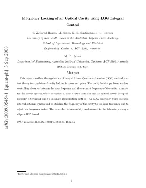 Pdf Frequency Locking Of An Optical Cavity Using Lqg Integral Control