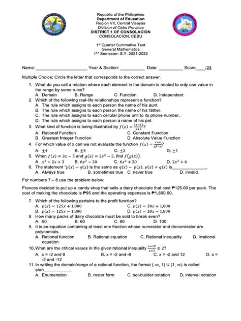 Unified Summative Test In General Mathematics Pdf