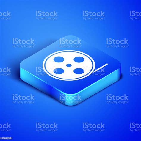 파란색 배경에 격리된 등각 투영 필름 릴 아이콘입니다 파란색 사각형 버튼입니다 벡터 일러스트레이션 0명에 대한 스톡 벡터 아트