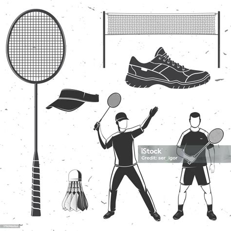 배드민턴 장비 아이콘 실루엣 세트 세트에는 라켓 셔틀콕 배드민턴 선수 스포츠 신발 및 스포츠 네트 실루엣이 포함됩니다 벡터 일러스트 레이 션 배드민턴 글로스터셔에 대한 스톡