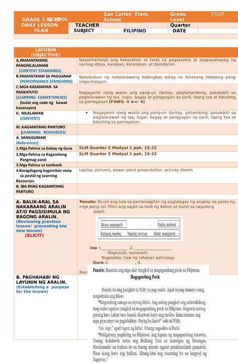Filipino 4 Cot Cot Grade 1 To 12 Daily Lesson Plan School San