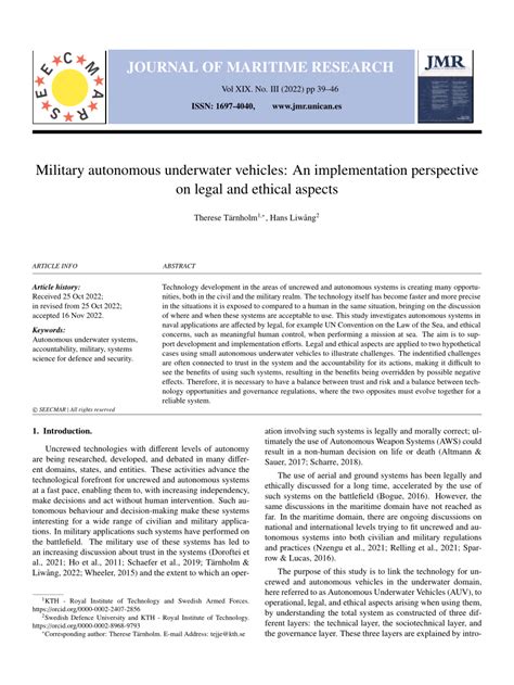 Pdf Military Autonomous Underwater Vehicles An Implementation Perspective On Legal And