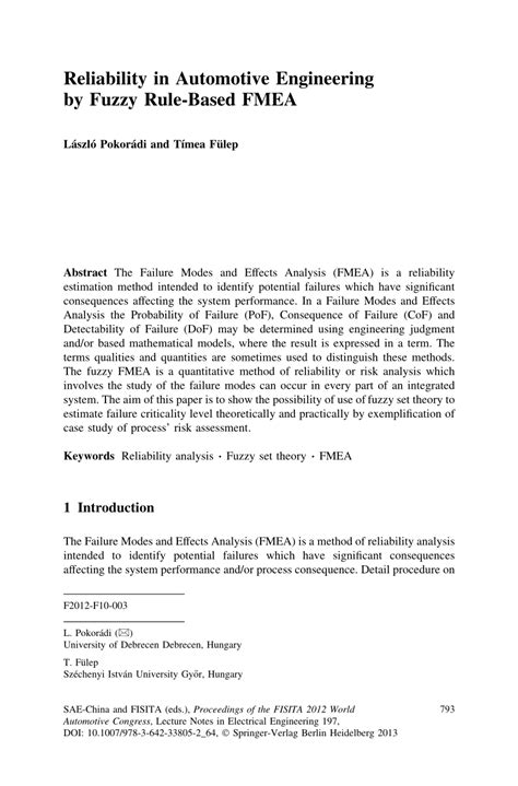 pdf reliability in automotive engineering by fuzzy rule based fmea