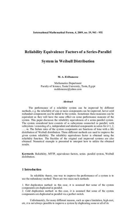 Pdf Reliability Equivalence Factors Of A Series Parallel System In Weibull Distribution