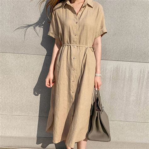 여자 여름 캐주얼 린넨 마 남방 카라 무지 반팔 롱셔츠 원피스 루즈핏 맥시 허리끈 스트링