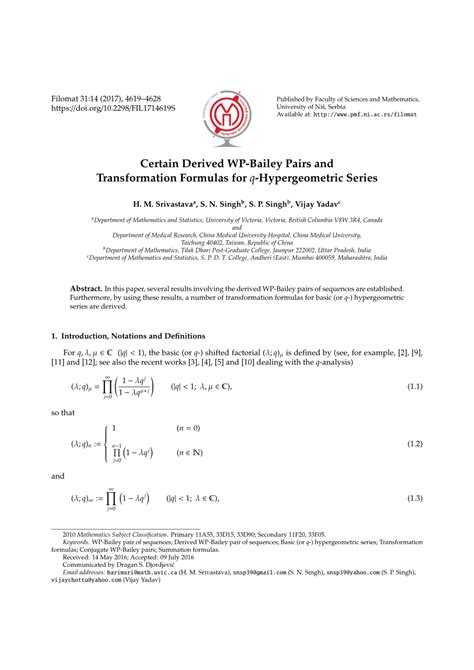 Pdf Certain Derived Wp Bailey Pairs And Transformation Formulas For Q Hypergeometric Series
