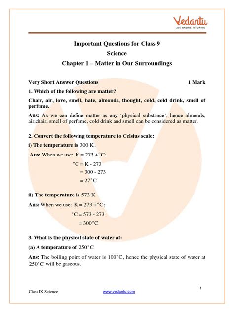 Important Questions Class 9 Science Chapter 1 Pdf Gases Latent Heat