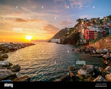 Riomaggiore Village At Sunset Cinque Terre Unesco World Heritage Site