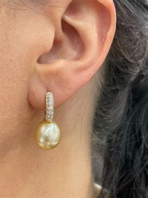 Golden South Sea Pearl Diamond Drop Earrings 078 Carats 18 Karat Gold