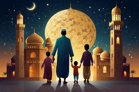빛나는 푸른 배경의 모스크와 함께 이드 무바라크를 축하하는 이슬람 아버지와 아들들 이드 무바라크를 축하하는 무슬림 아버지와 아들 빛나는 푸른 배경의 모스크와 함께 이드
