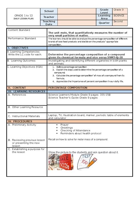 Percentage Composition Lesson Plan Grade 1 To 12 Daily Lesson Plan School Gradelevel Grade 9