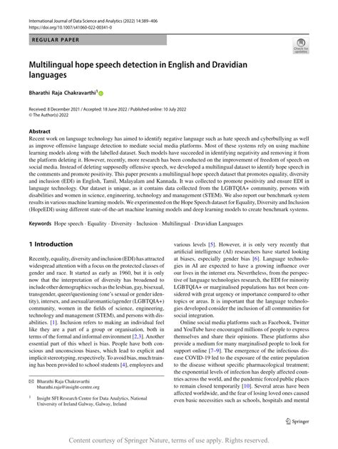 Pdf Multilingual Hope Speech Detection In English And Dravidian Languages