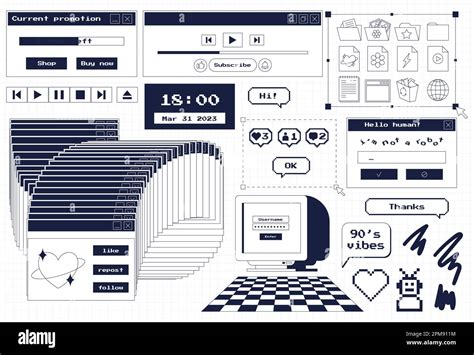A Set Of User Interface Design Elements In 80s 90s Retro Style Old Computer Aesthetics