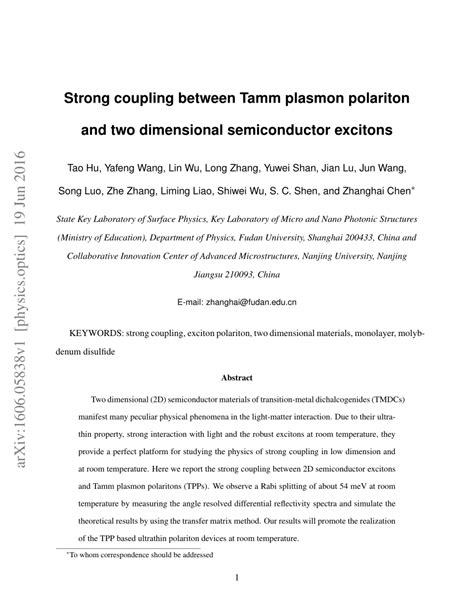 Pdf Strong Coupling Between Tamm Plasmon Polariton And Two Dimensional Semiconductor Excitons