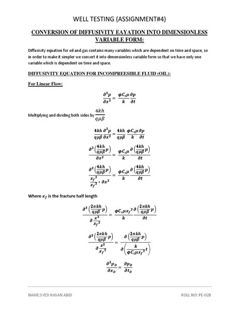 Conversion Of Diffusivity Equation Into Dimensionless Variable Form 1 Pdf Fluid Dynamics