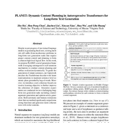 Planet Dynamic Content Planning In Autoregressive Transformers For Long Form Text Generation