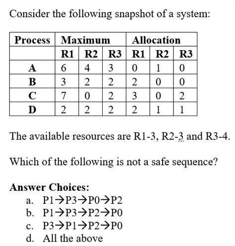 Solved Consider The Following Snapshot Of A System The
