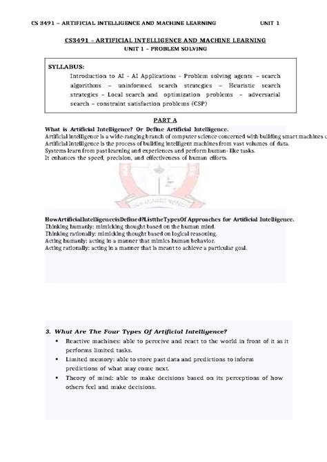 Cs 3491 Aiml Unit 1 Notes Syllabus Introduction To Ai Ai Applications Problem Solving