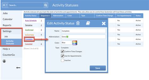 Edit Job Activity Statuses