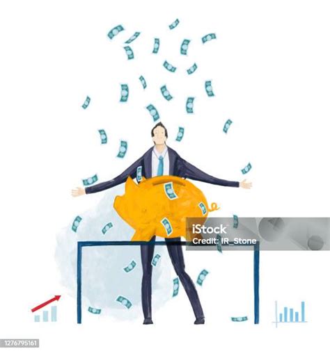 디지털 일러스트 머니는 비즈니스 사람들의 하늘에서 떨어지는 사업가는 황금 돼지 옆에 머무른다 돼지 저금통 성공 과 전문 성취 개념 개념에 대한 스톡 벡터 아트 및 기타