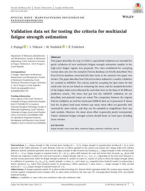 Pdf Validation Data Set For Testing The Criteria For Multiaxial Fatigue Strength Estimation