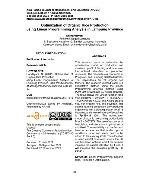 Pdf Optimization Of Organic Rice Production Using Linear Programming