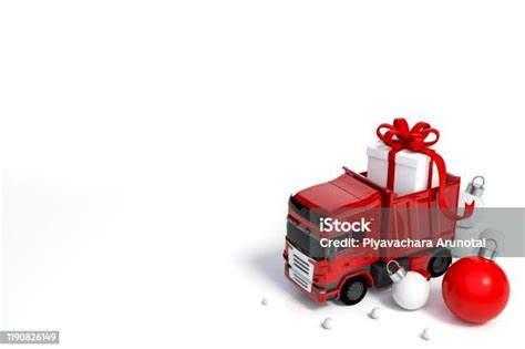 빨간색 리본흰색 배경 3d 렌더링에 빨간색 버스와 금속 크리스마스 공 장식에 넣어 흰색 선물 상자 0명에 대한 스톡 사진 및 기타 이미지 Istock