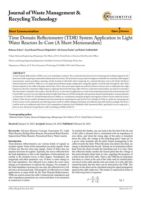 Pdf Time Domain Reflectometry Tdr System Application In Light Water Reactors In Core