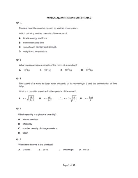Physical Quantities And Units Worksheet Physics