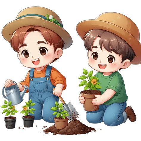 소년은 투명한 배경 생성 Ai에 고립된 정원에 꽃을 심고 있다 소년은 투명한 배경에 고립된 정원에 꽃을 심고 있다 소년이 정원에 꽃을 심고 있다 원예 Png 일러스트