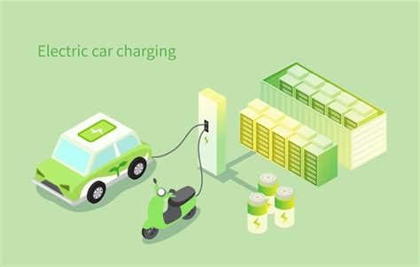 역에서 충전하는 전기 자동차 Renewable Green Energy 청정 에너지 및 Esg 개념 프리미엄 벡터