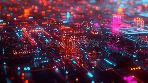 Vibrant Digital Circuit Board Illuminated By Colorful Lights Showcasing Intricate Pathways At