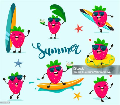 귀여운 만화 스타일의 재미 있는 여름 딸기의 집합입니다 파란색 배경에 고립 된 벡터입니다 등장인물에 대한 스톡 벡터 아트 및