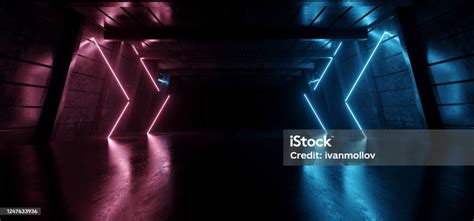 네온 빛나는 공상 과학 공상 과학 소설 빛나는 외계인 블루 퍼플 미래 레이저 빔 어두운 그런 지 콘크리트 타일 바닥 밤 무대 스튜디오 차고 사이버 배경 3d 렌더링에 수신